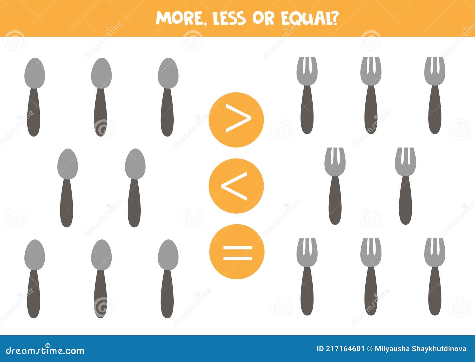 More, less, Equal with Kitchen Spoons and Forks. Math Comparison. Stock ...