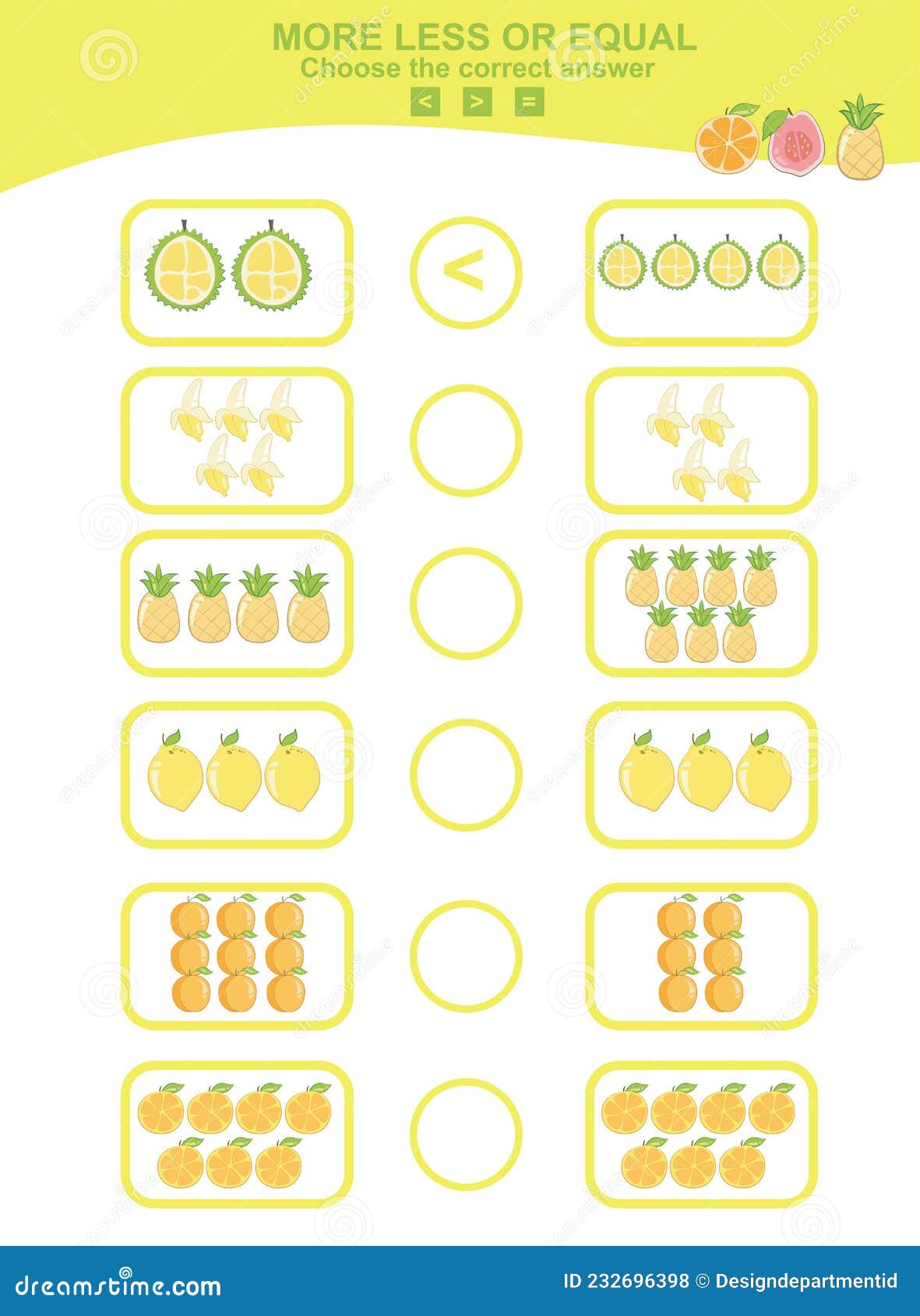 More less Equal Math Worksheet Stock Vector - Illustration of fruit ...