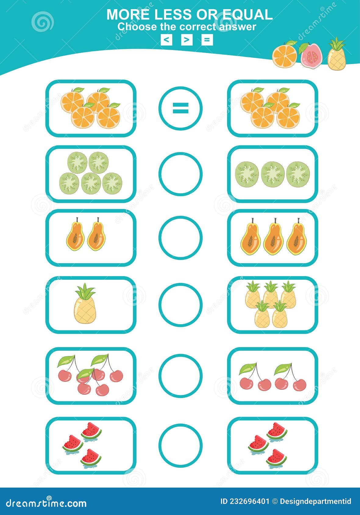 More less Equal Math Worksheet Stock Vector - Illustration of worksheet ...