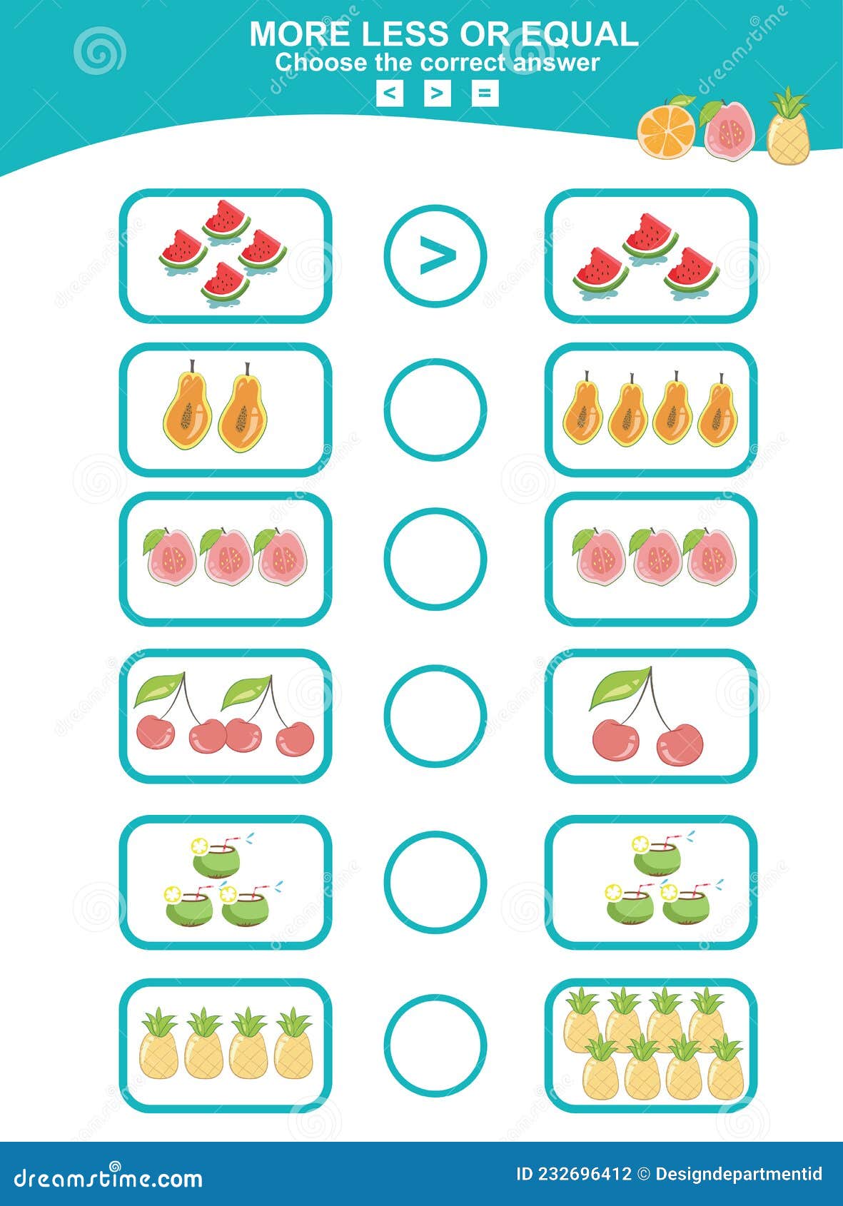 More less Equal Math Worksheet Stock Vector - Illustration of printable ...