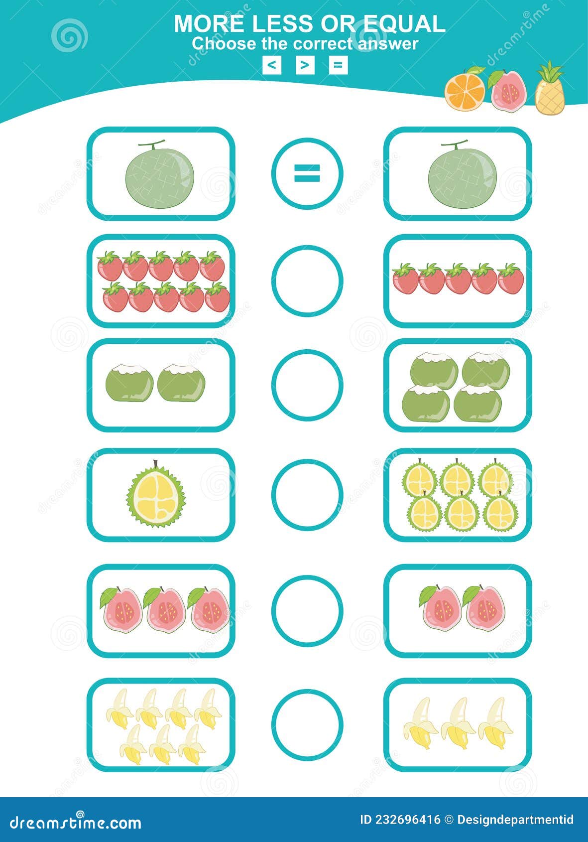 More less Equal Math Worksheet Stock Vector - Illustration of preschool ...