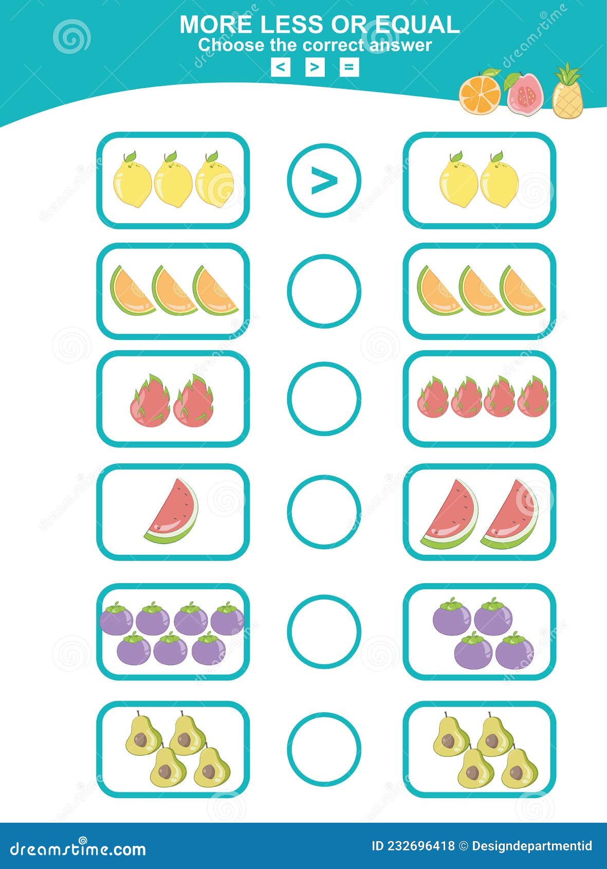 More less Equal Math Worksheet Stock Vector - Illustration of kids ...