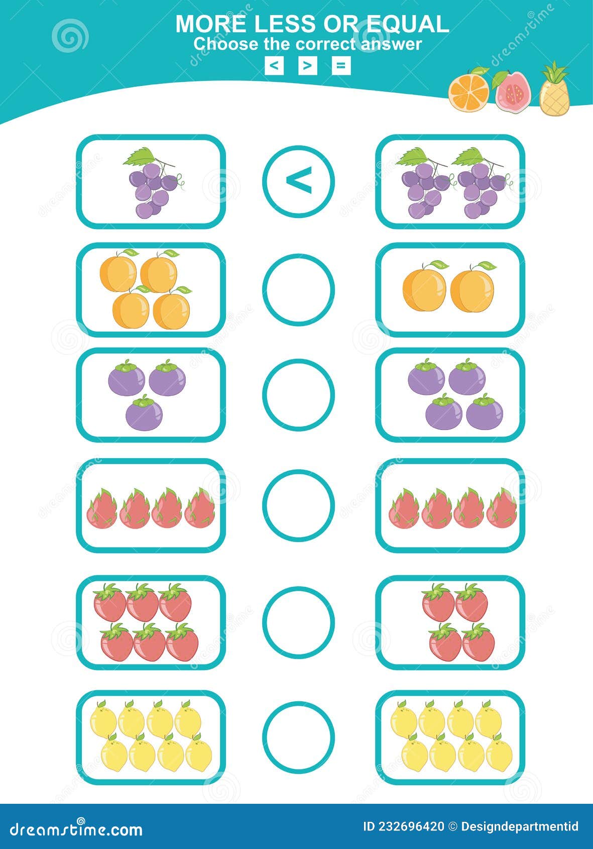 More less Equal Math Worksheet Stock Vector - Illustration of counting ...