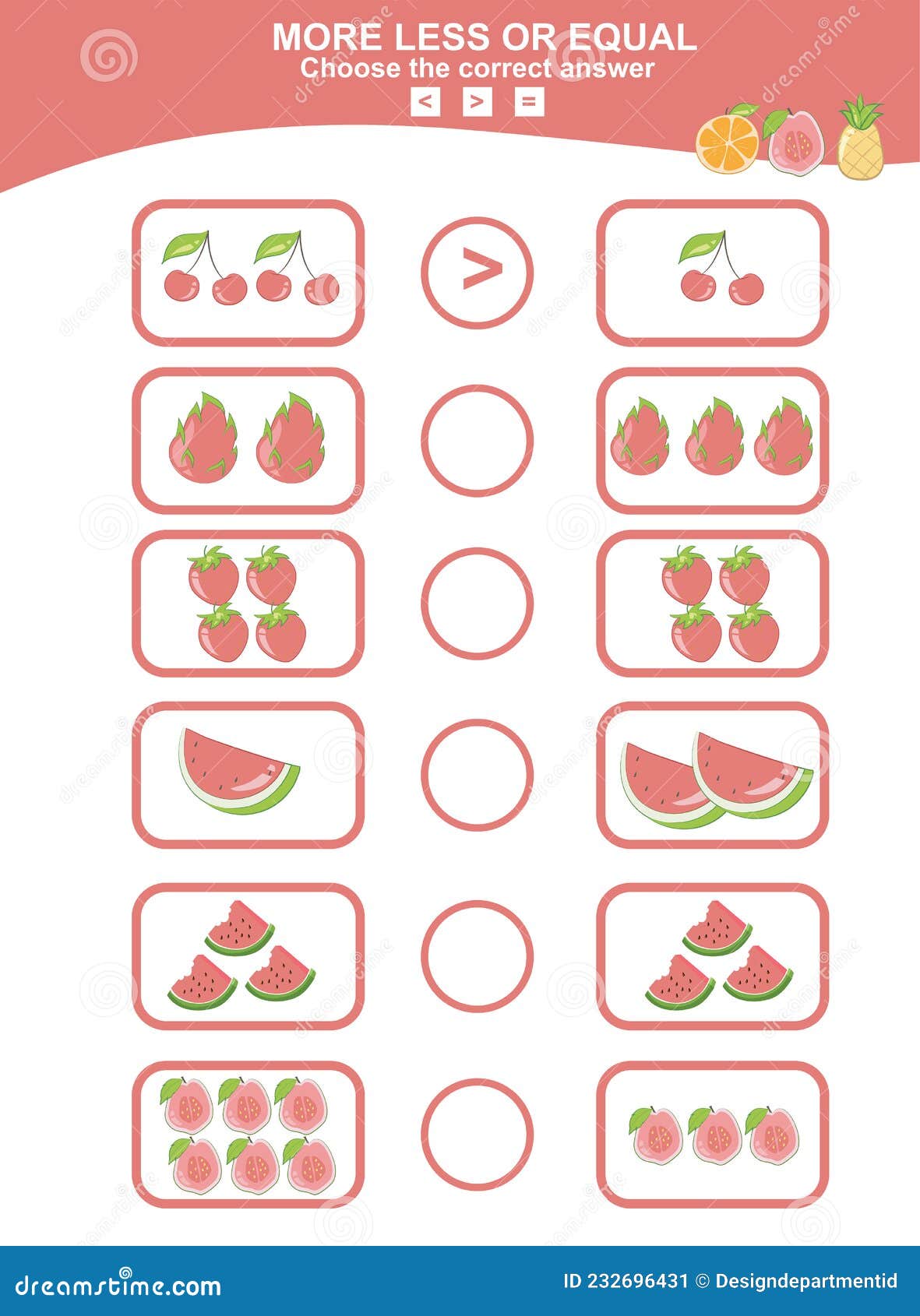 More less Equal Math Worksheet Stock Vector - Illustration of ...