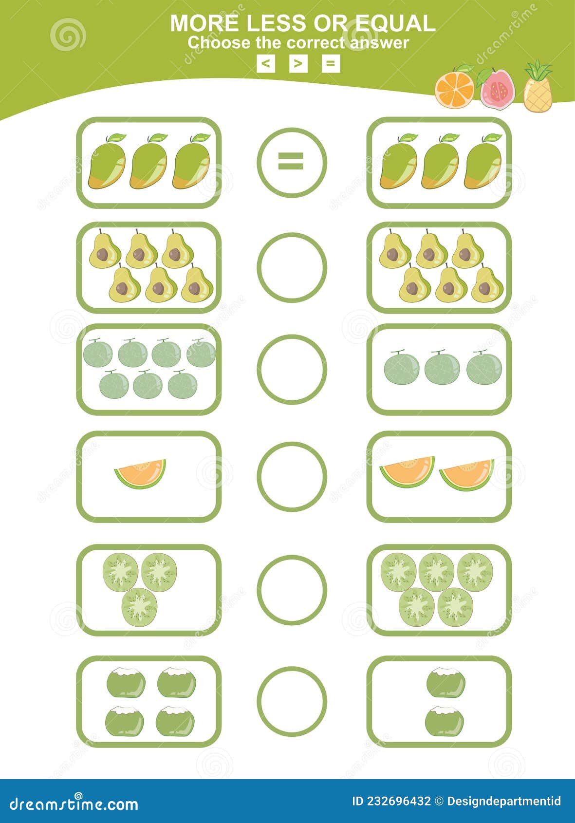 More less Equal Math Worksheet Stock Vector - Illustration of cartoon ...