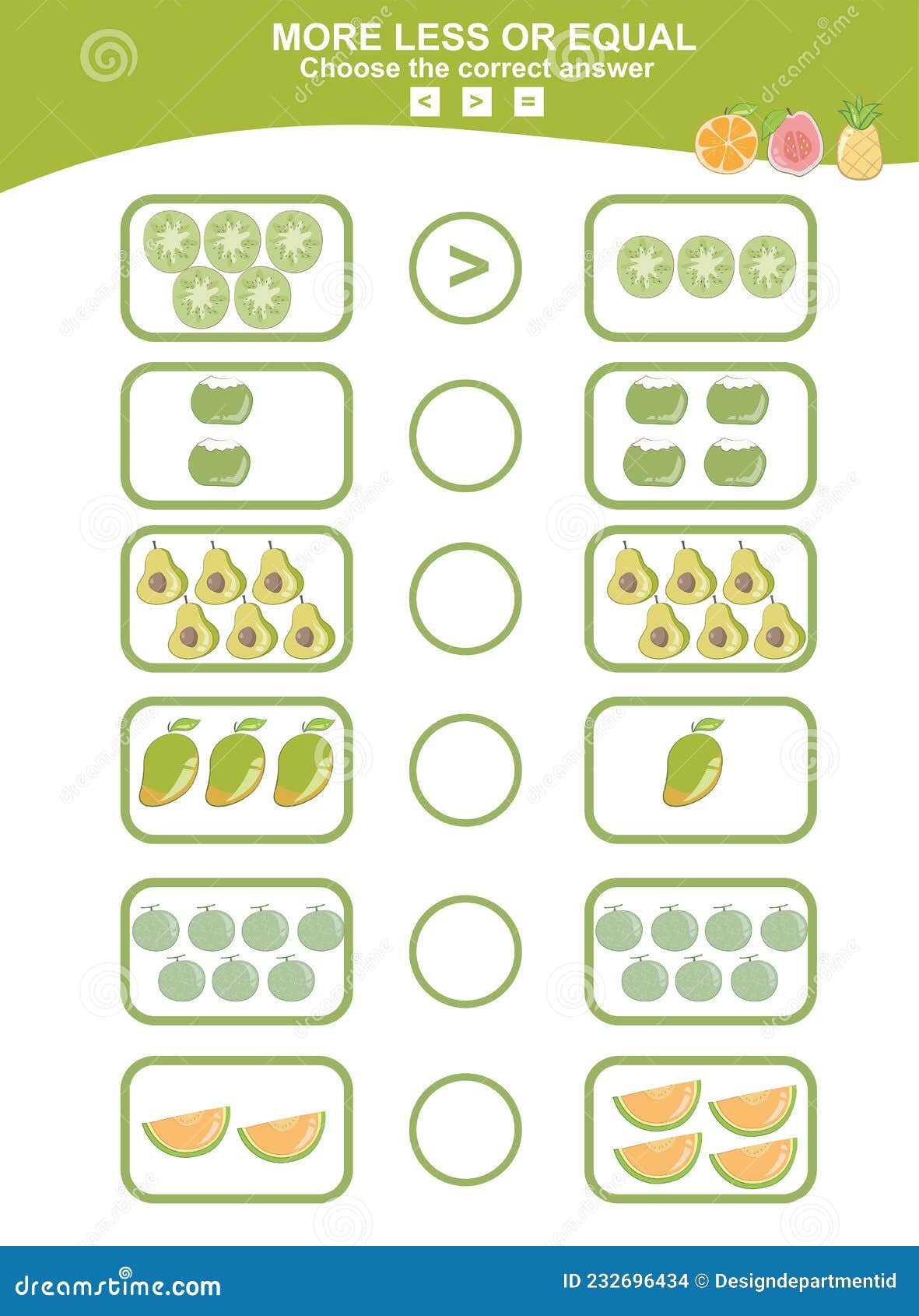 More less Equal Math Worksheet Stock Vector - Illustration of learning ...