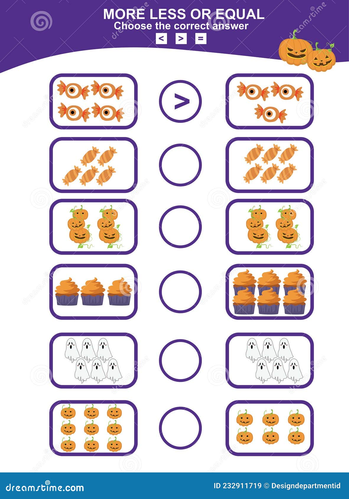 More less Equal Worksheet stock vector. Illustration of theme - 232911719