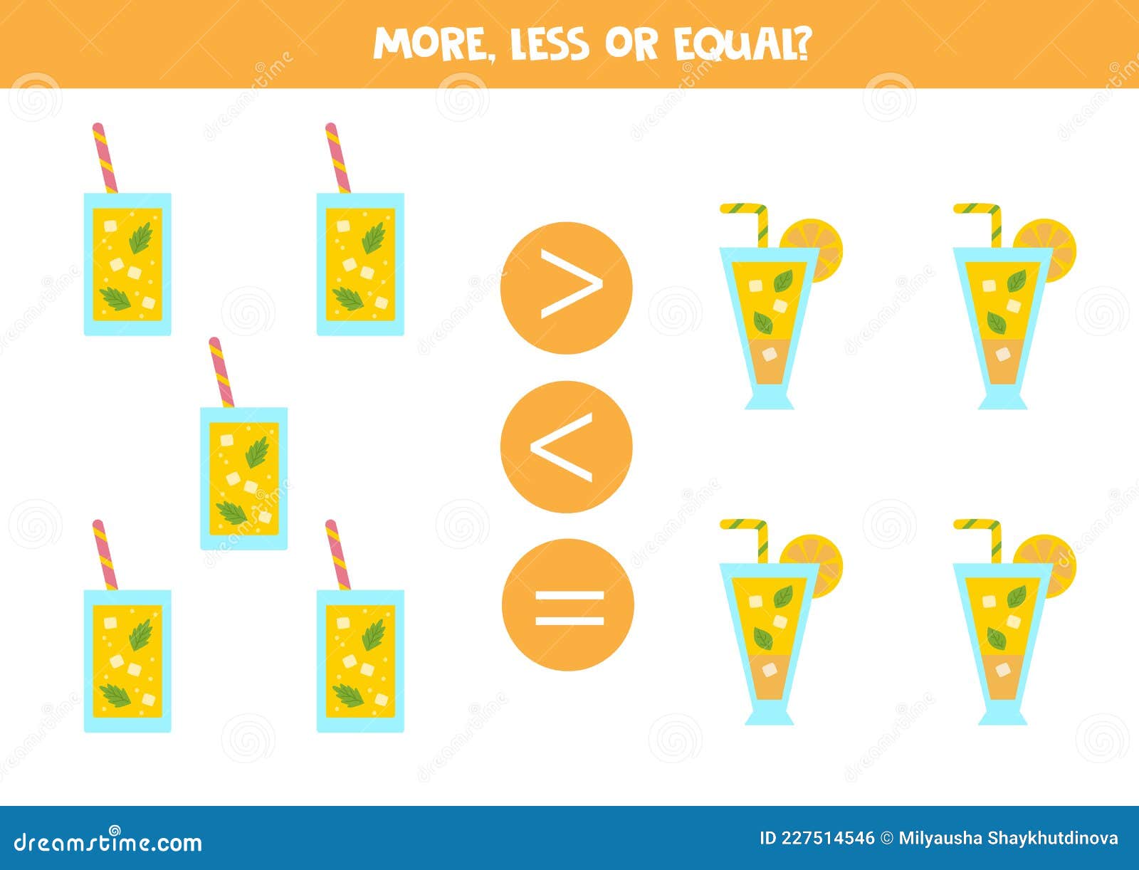 More, less, Equal with Summer Cocktails. Math Comparison. Stock Vector ...