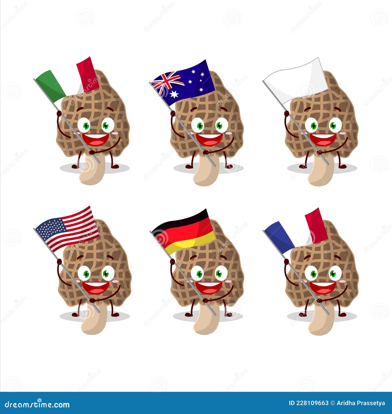 Morel Cartoon Character Bring the Flags of Various Countries Stock ...