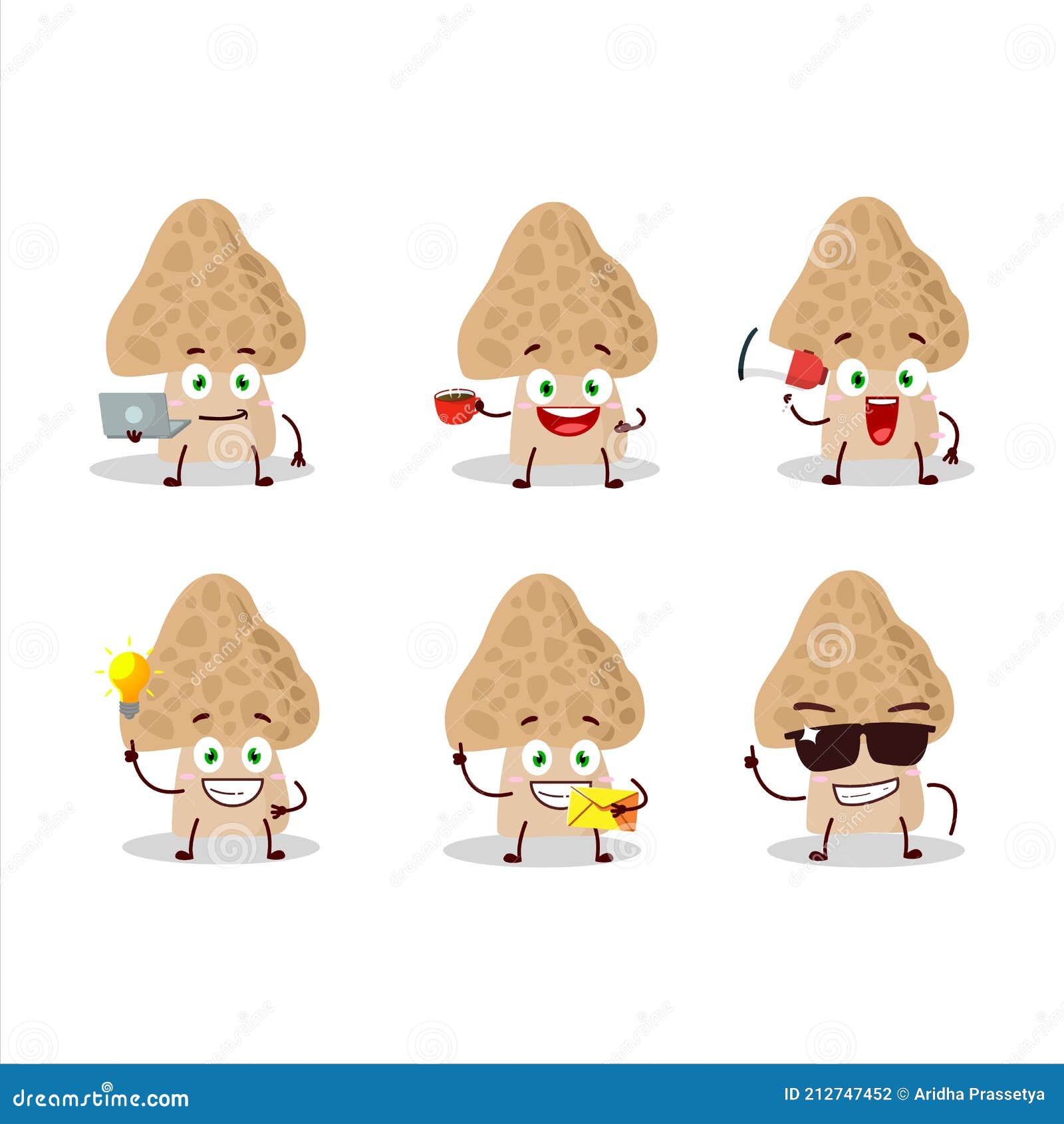 Morel Cartoon Character with Various Types of Business Emoticons Stock ...