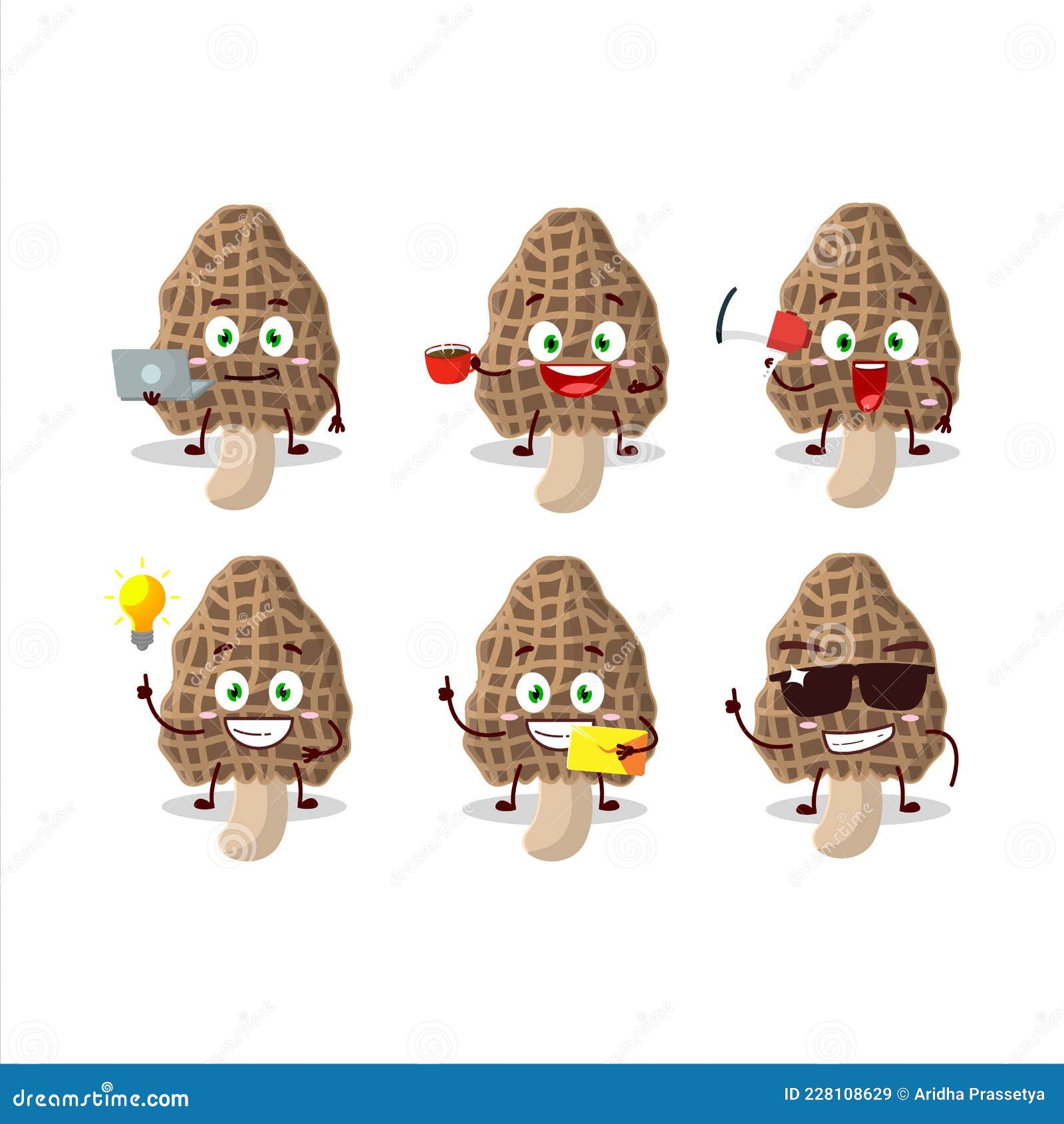 Morel Cartoon Character with Various Types of Business Emoticons Stock ...