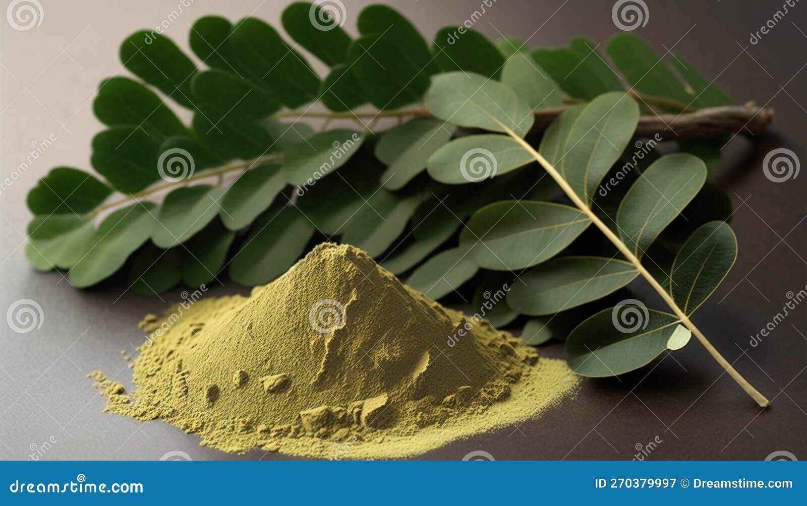 Moringa Powder and Green Leaves on Gray Background Generative AI Stock ...