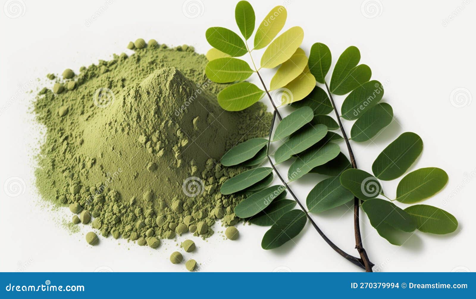 Moringa Powder and Green Leaves on White Background Generative AI Stock ...