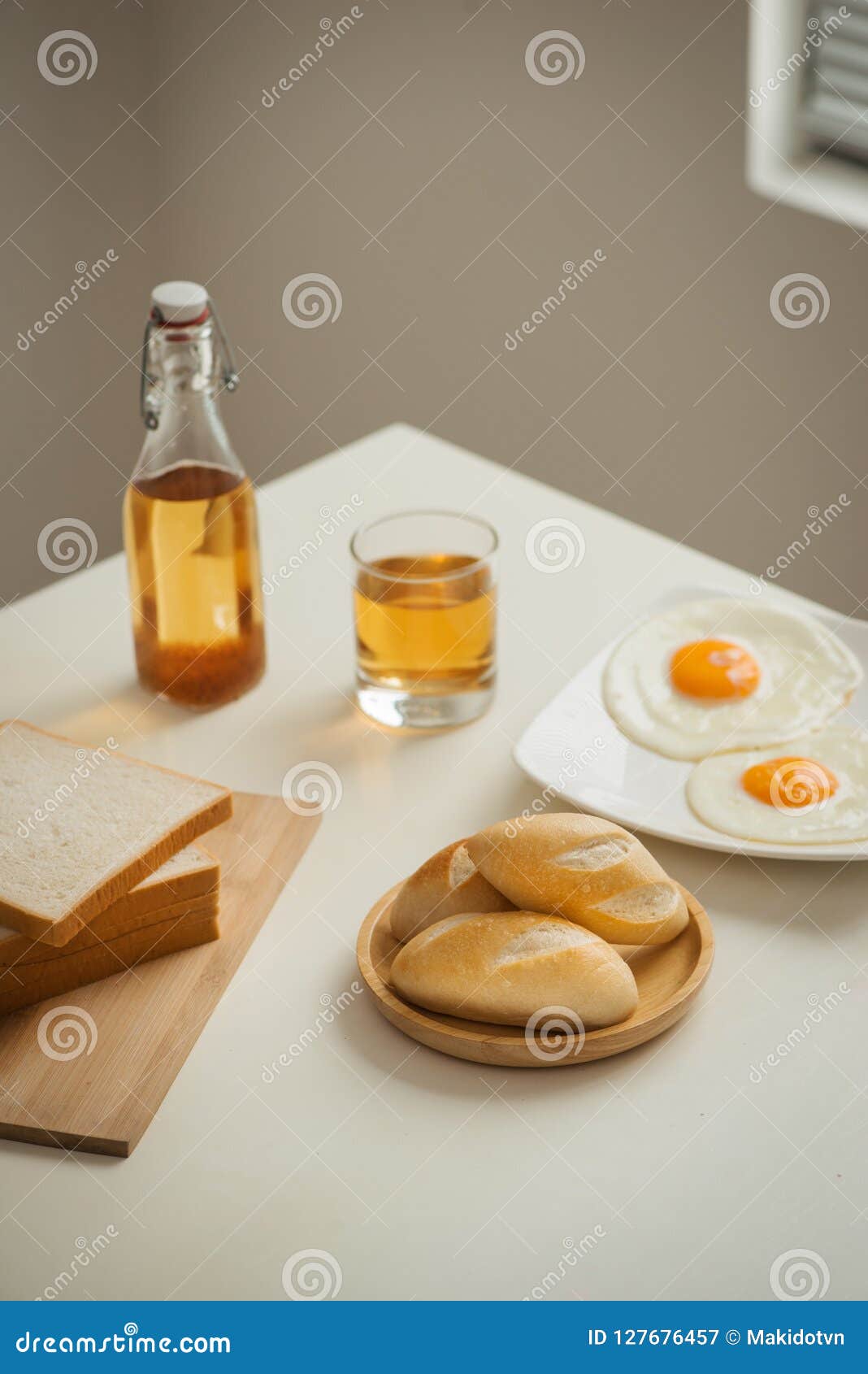 Morning Breakfast with Glass of Tea, Toast, Fried Eggs and Bread Stock ...