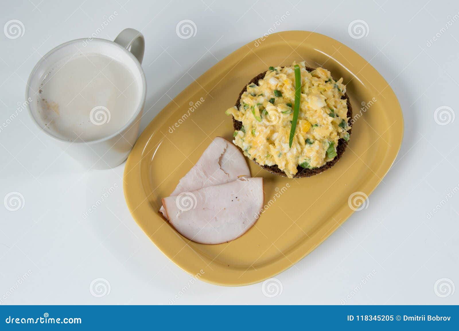 Morning Breakfast, Scrambled Eggs with Turkey Ham Stock Image - Image ...