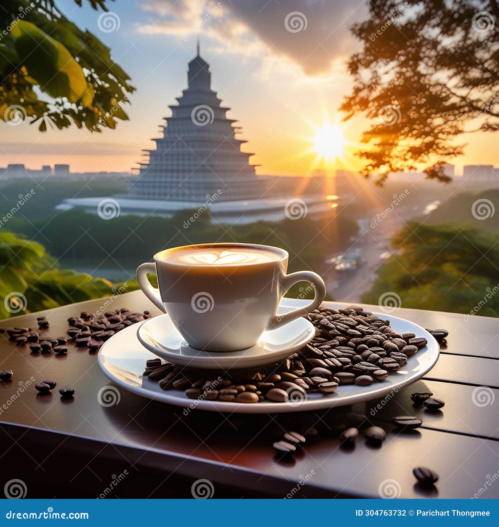 Morning Brews: Coffee Bliss with a Remarkable Landmark Background Stock ...