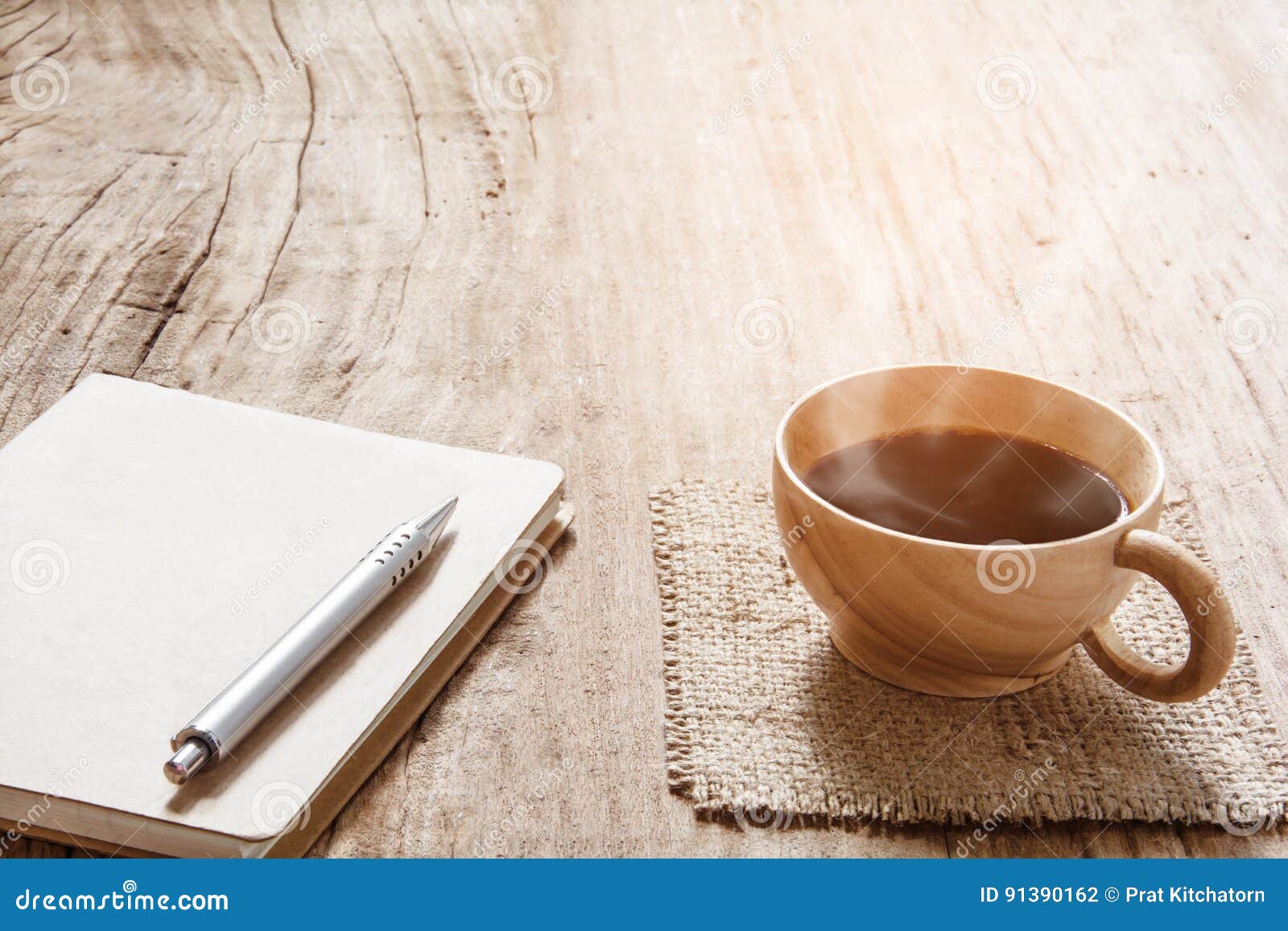 Morning Coffee and Book Pen on Old Wood Table Stock Photo - Image of ...