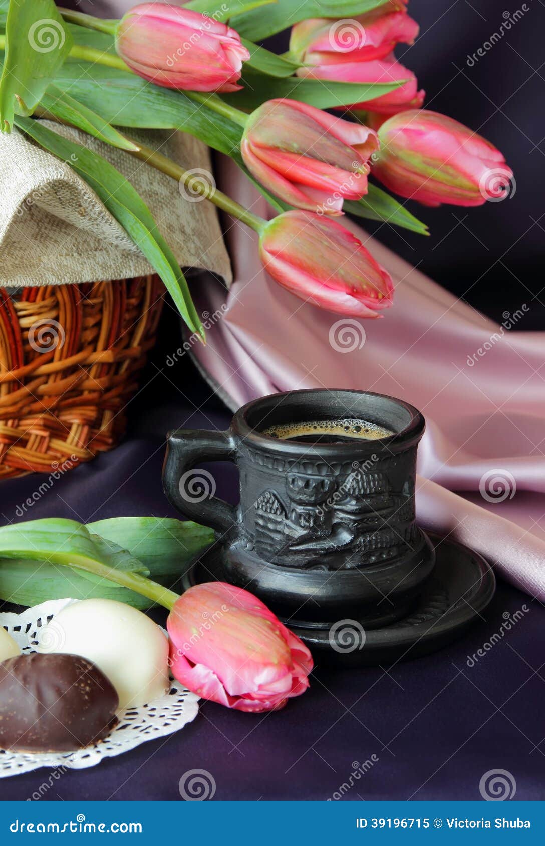 Morning Coffee and a Bouquet of Tulips Stock Image - Image of spring ...