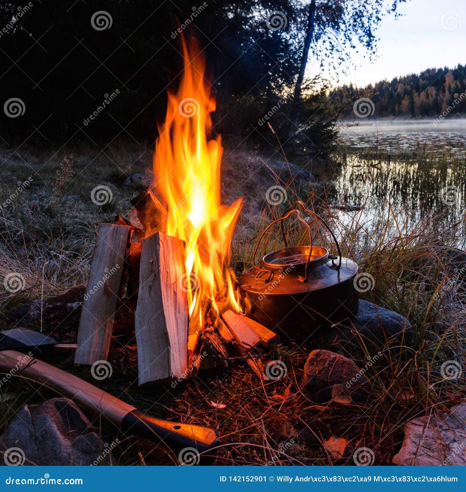 Morning coffee stock image. Image of lake, fire, wood - 142152901