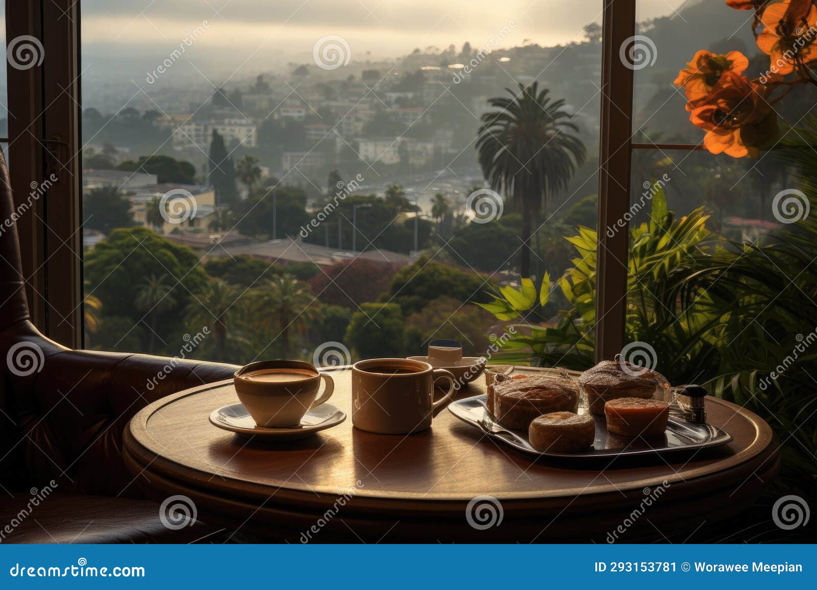 Morning Coffee with Mountain View. Generative AI Stock Illustration ...