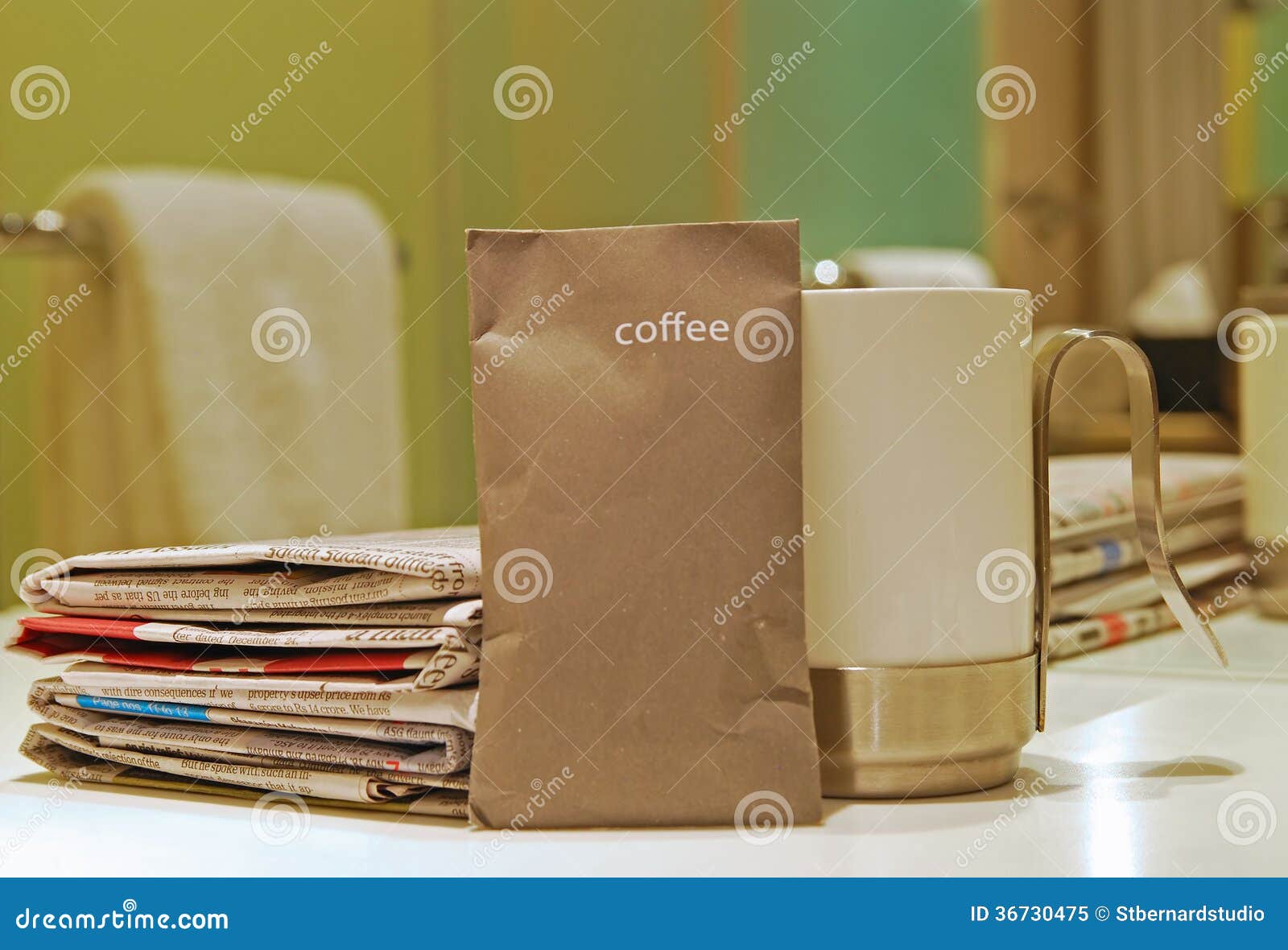 Morning Coffee Mug with Newspaper and Packet Stock Image - Image of ...
