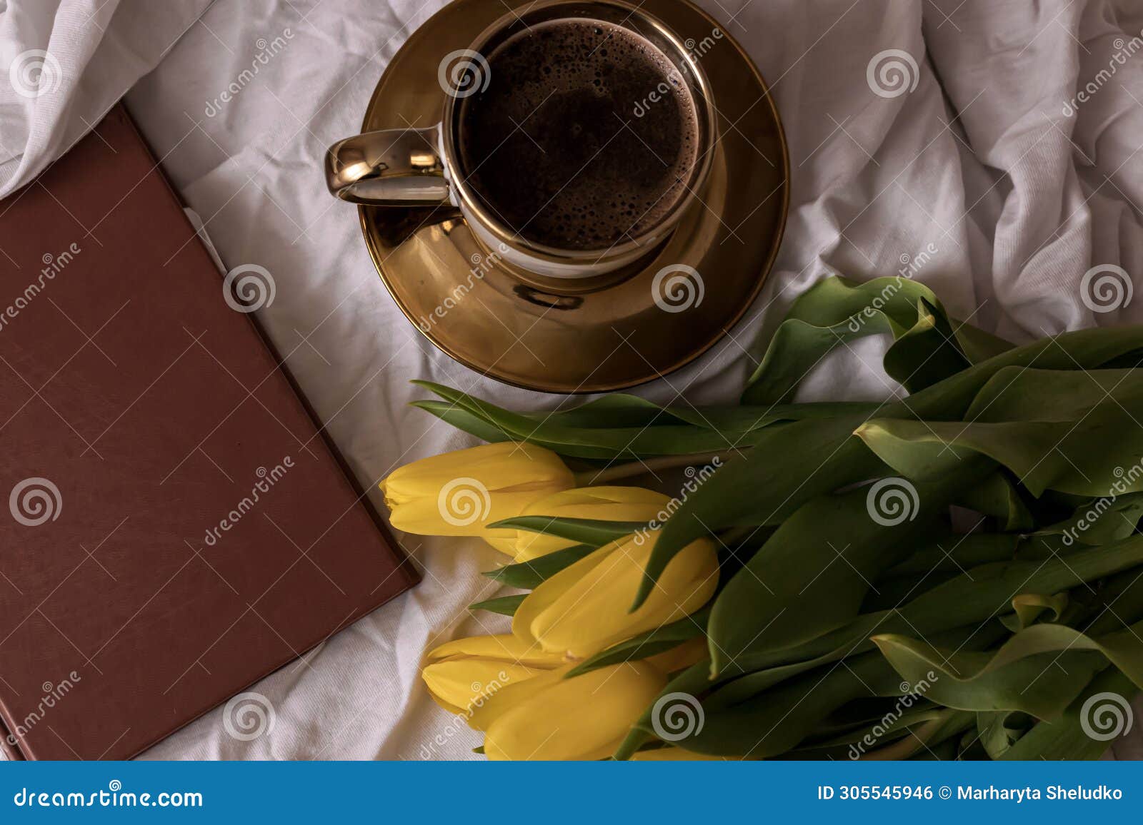 Morning, Coffee and Tulips. on a White Bed. Romance. Stock Photo ...