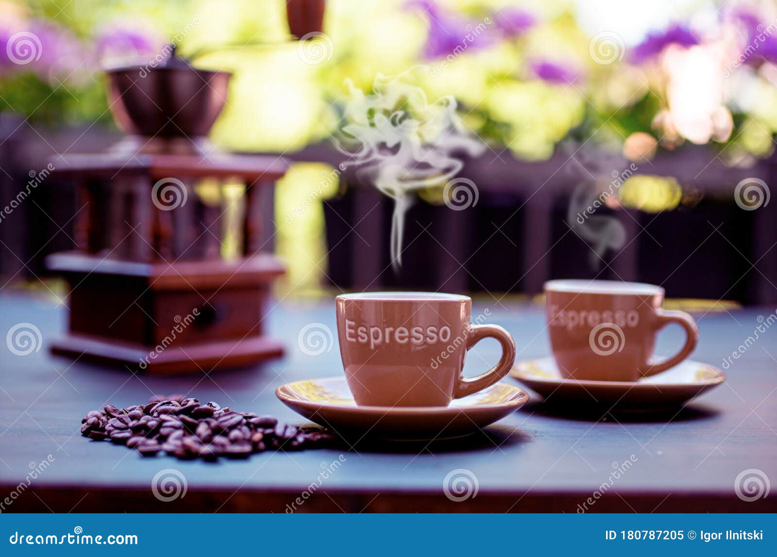 Morning Cup of Hot Coffee. Steam Over the Cup. Coffee Beans and Coffee ...