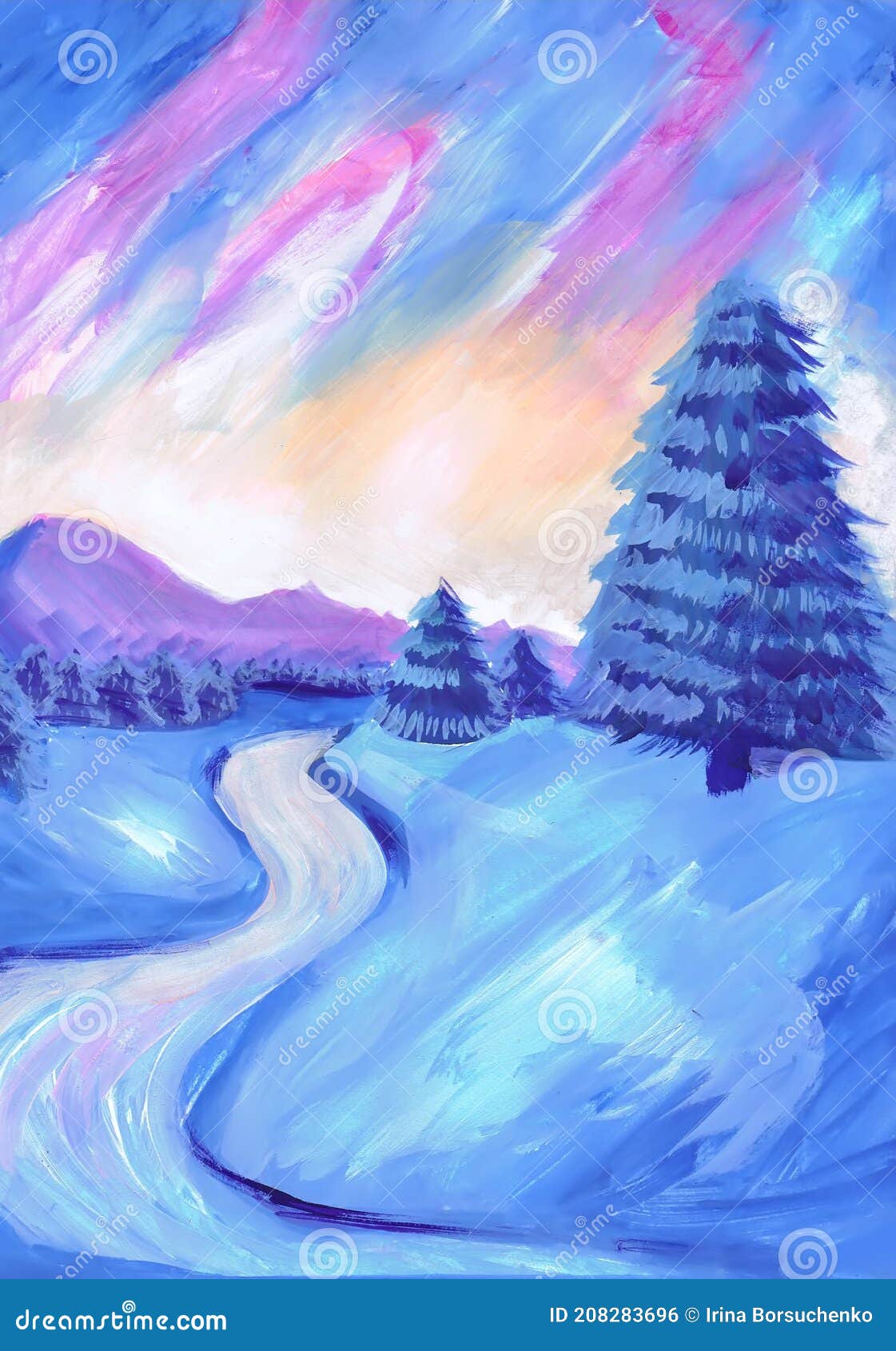 Morning Dawn Over the Winter River. Children`s Drawing Stock ...