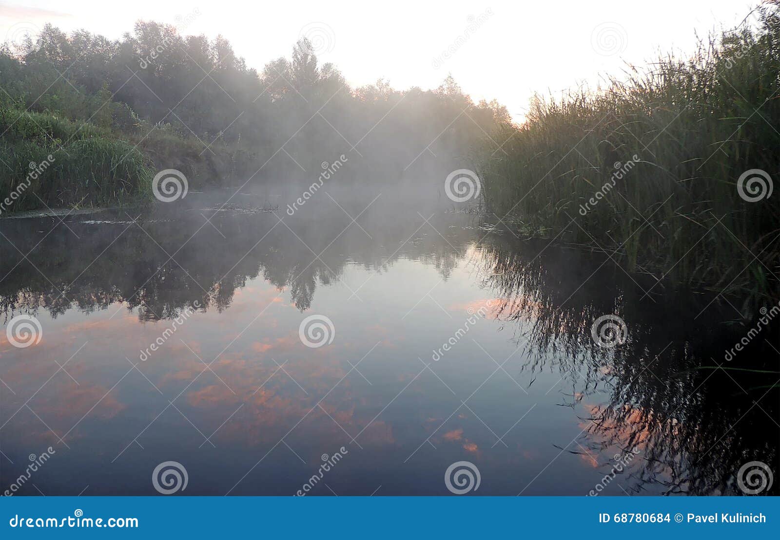 Morning dawn river mist stock photo. Image of reflection - 68780684