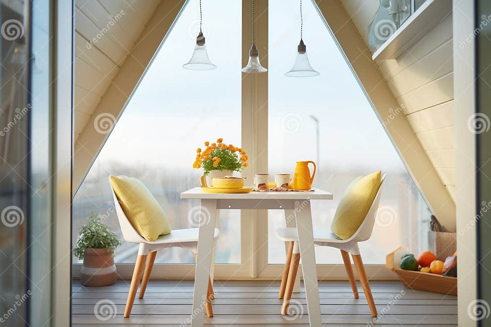 Morning Dew on Aframe, Loft Balcony with Breakfast Table Stock ...