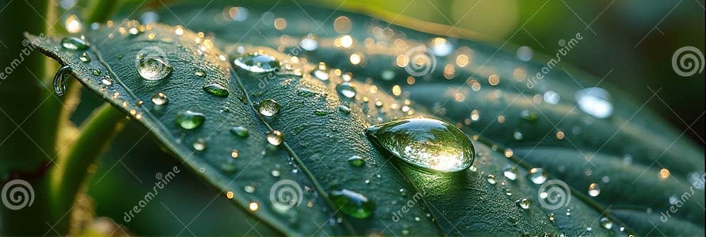 Morning Dew on Lush Leaf Capturing Reflections in Sunlight Stock Photo ...
