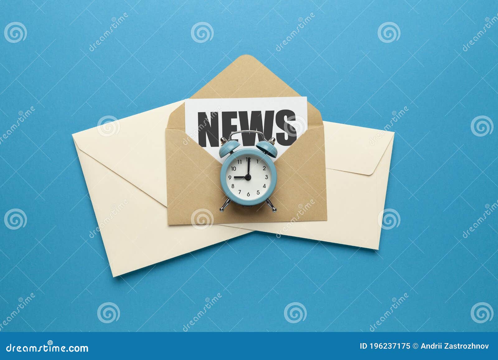 Morning E-mail Newsletter. Envelopes and Clock on Blue Background Stock ...