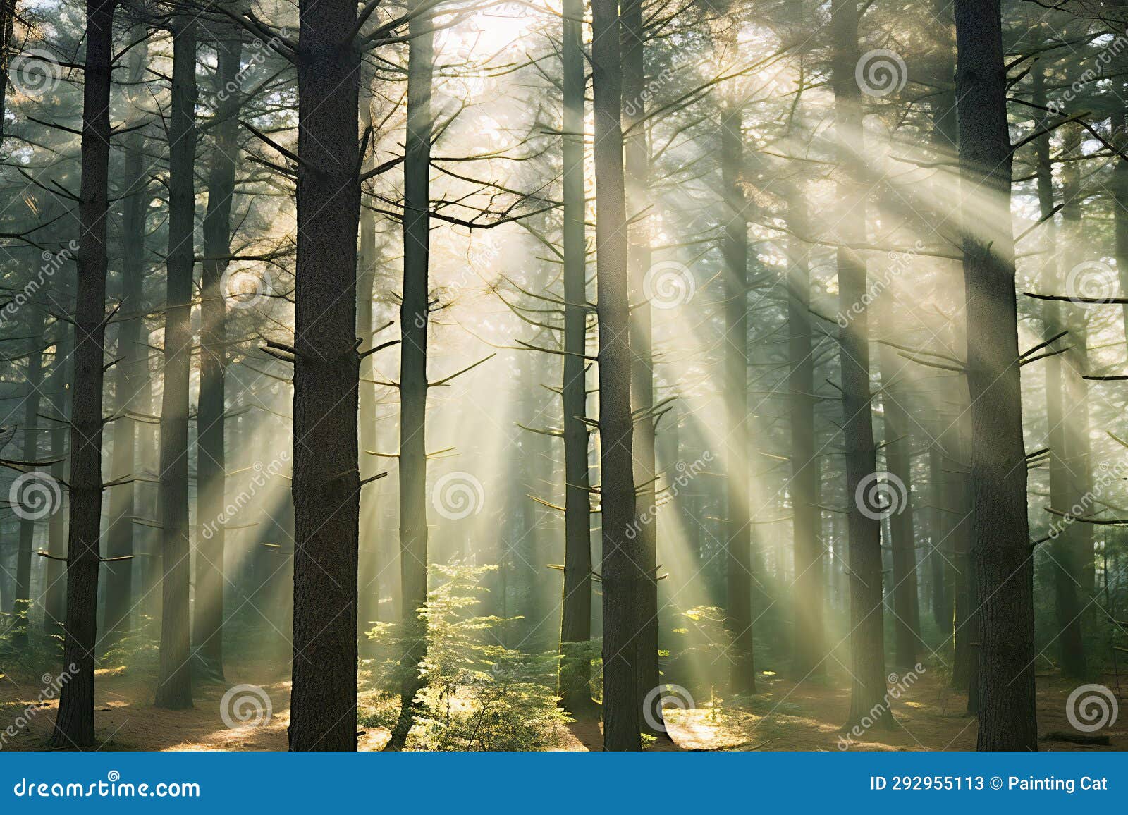 Morning in the Forest, Sun Rays through the Tree Trunks Stock ...