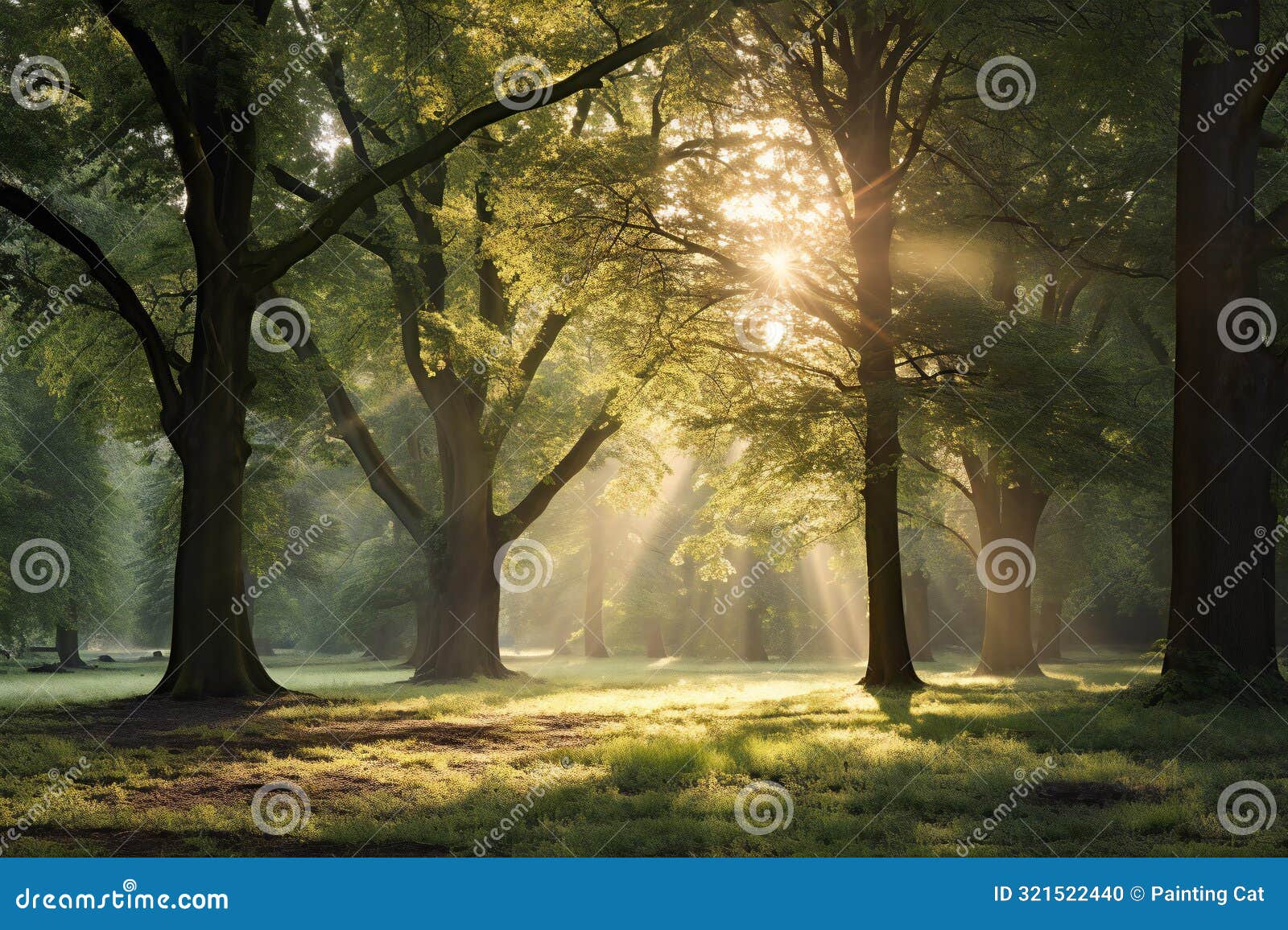 Morning in the Forest, Sun Rays through the Trees, Spring Landscape Stock Illustration ...