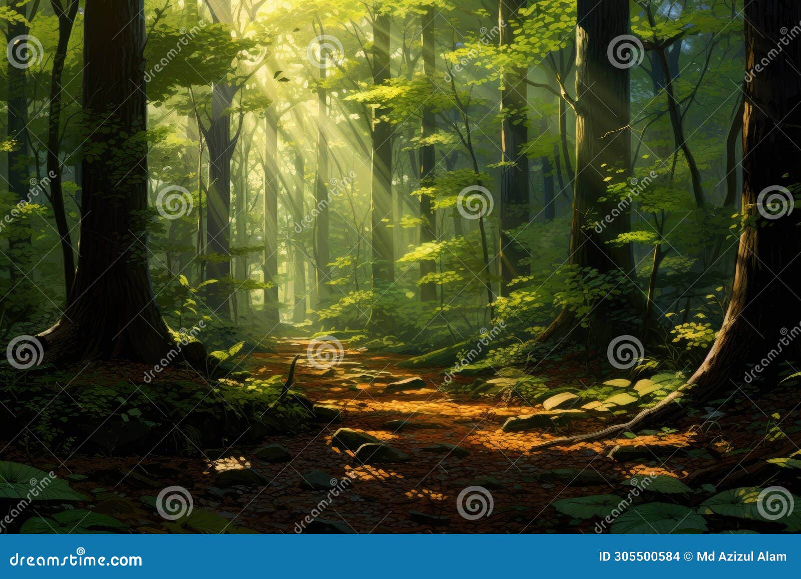 Morning in the Forest with Sunbeams Shining through the Trees. a Dense ...