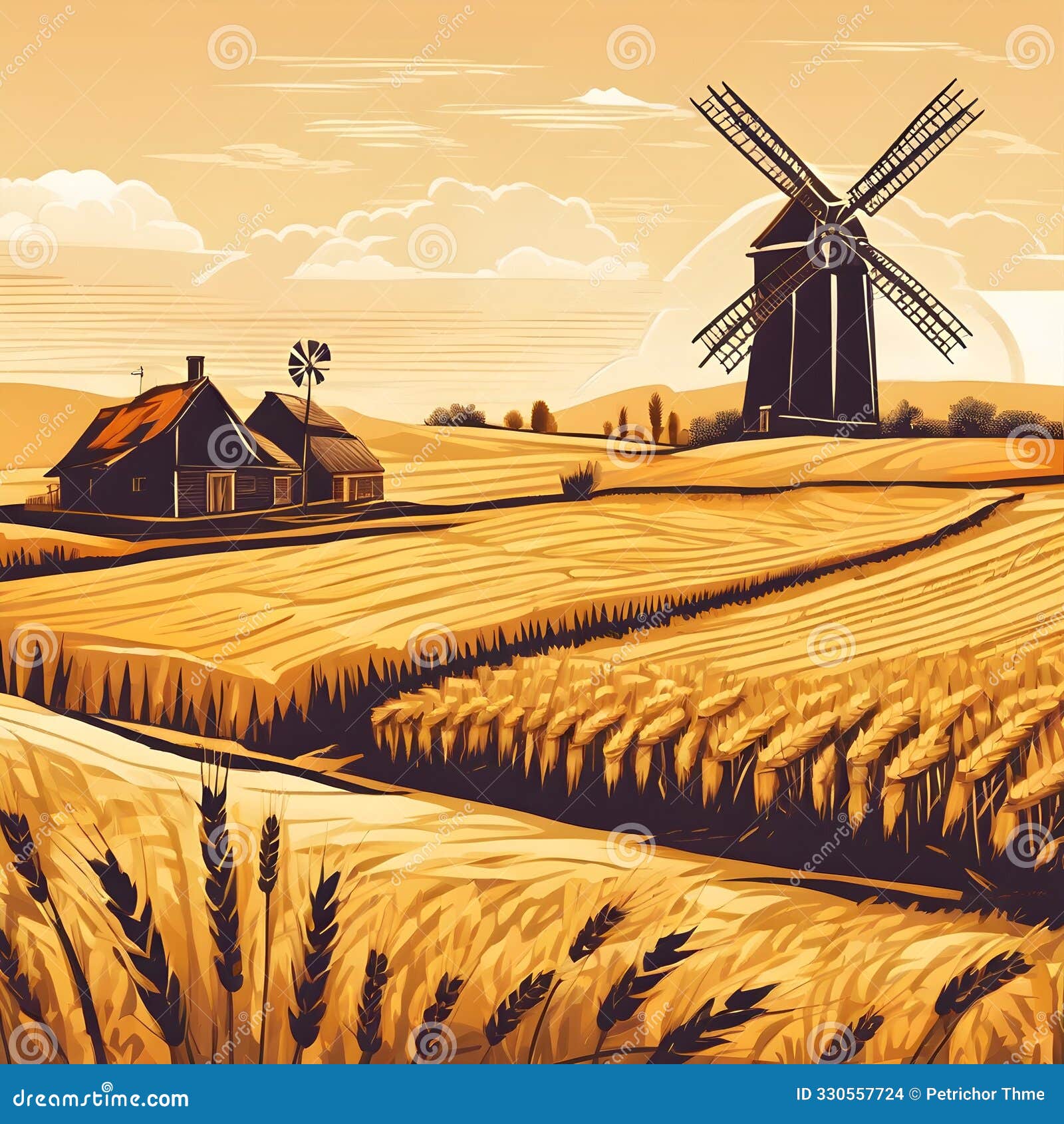 Morning Golden Fields: Vector Illustration of a Village with Windmill ...