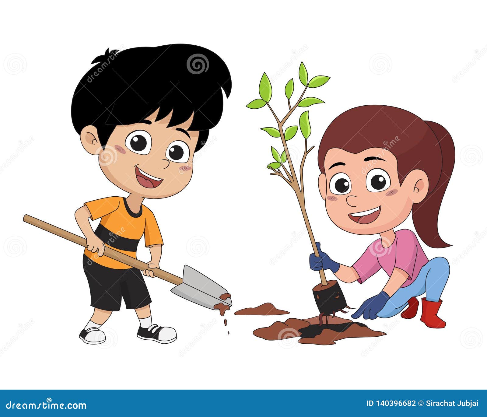 In the Morning,kid Planting a Tree. Stock Vector - Illustration of ...