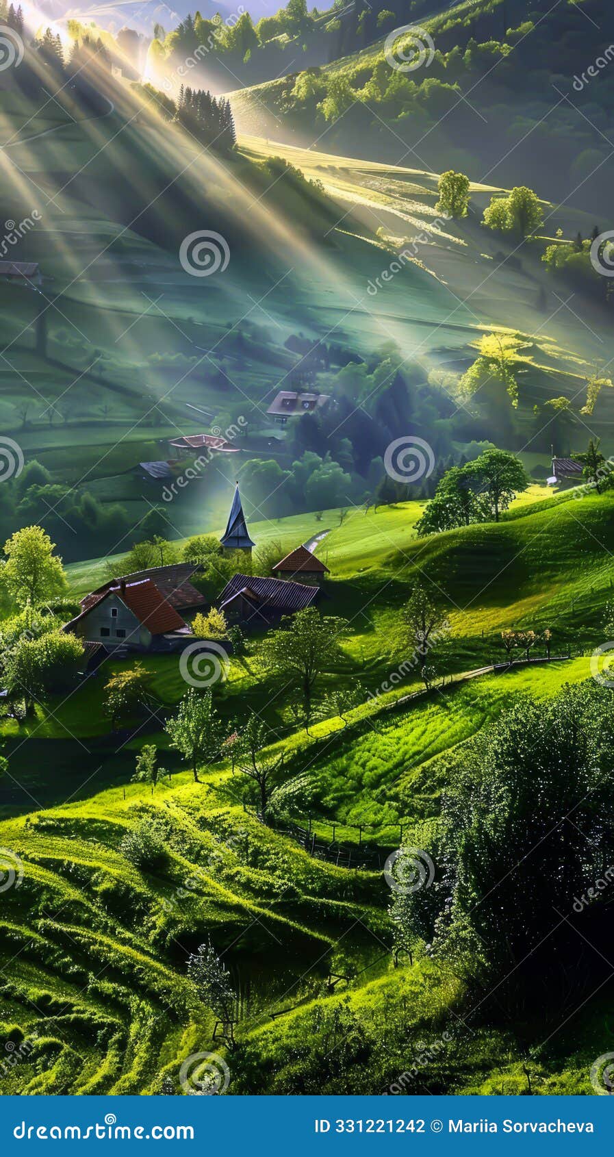 Morning Landscape: Green Meadows and Sun Rays. AI Generated. Stock ...