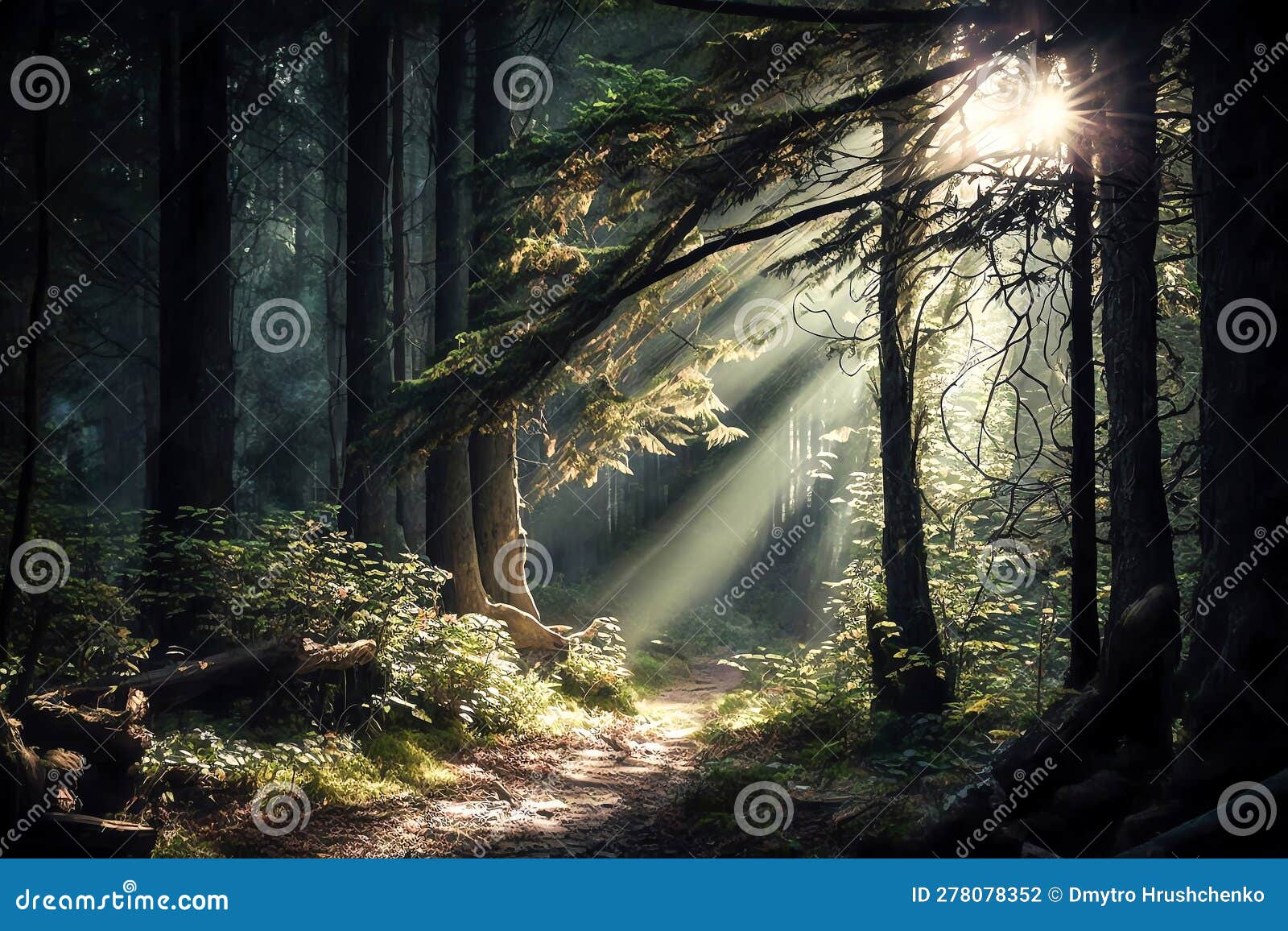 Morning Light in the Forest. Sunbeams Flowing through Foliage Trees on ...