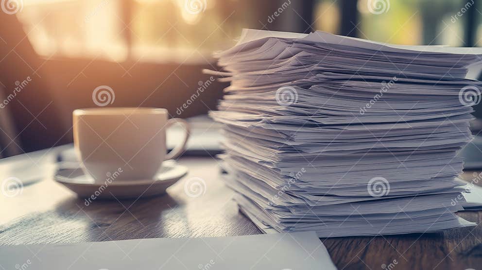 Morning Light on a Stack of Papers with Coffee Cup for Work Inspiration ...