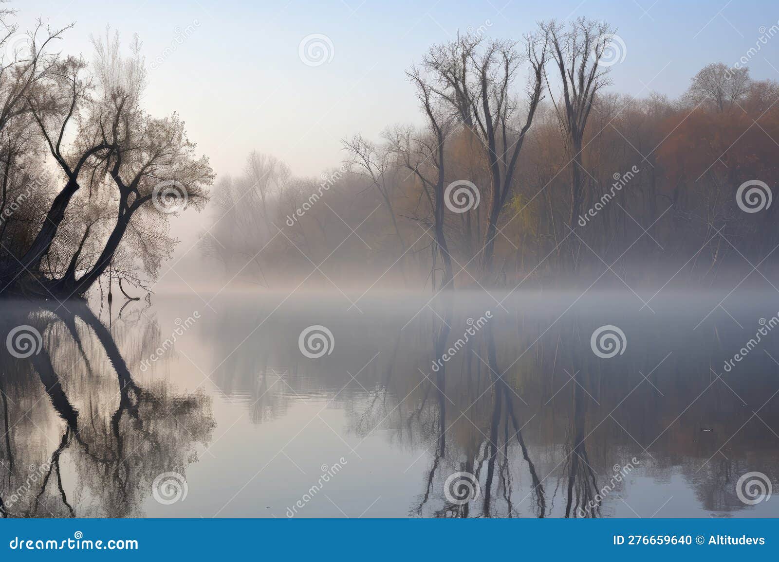 Morning Mist on Lake, with Reflections of Trees and Sky Stock Photo ...