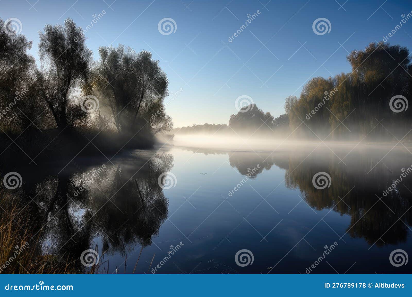 Morning Mist on Lake, with Reflections of Trees and Sky Stock Photo ...
