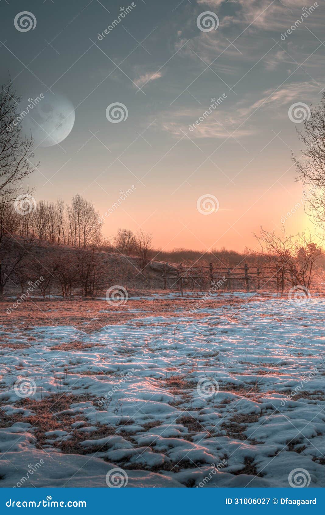 Morning moon stock image. Image of fencing, snow, rural - 31006027
