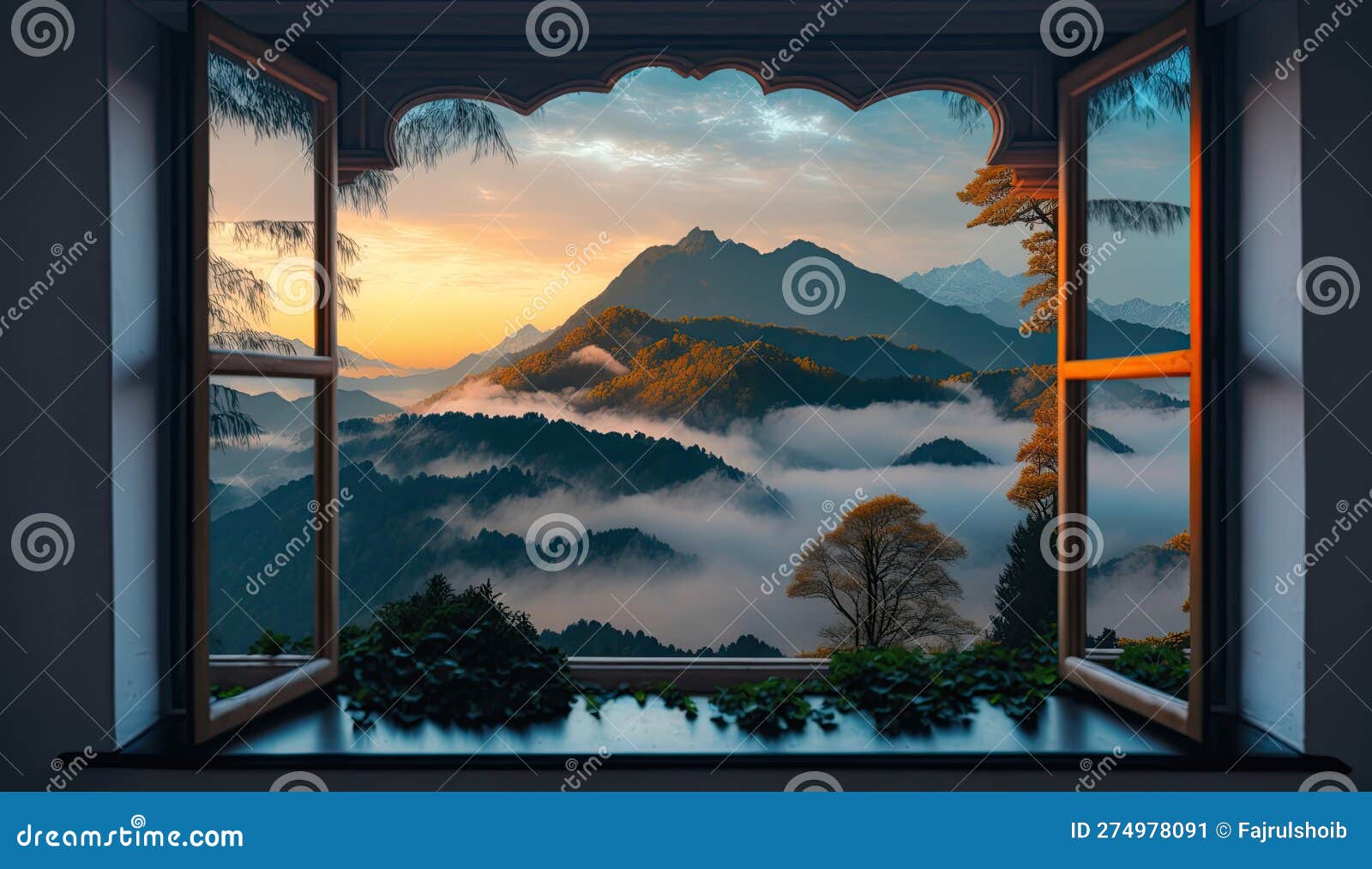 Morning Mountain View through Window. Stock Illustration - Illustration ...