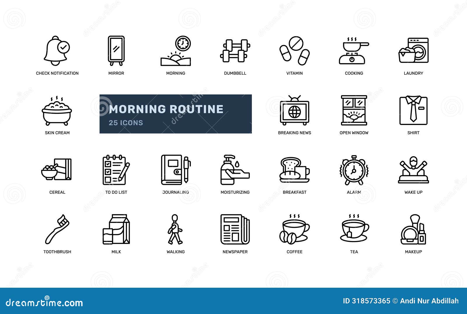 Morning Routine Activity daily Schedule Everyday Detailed Line Icon Set ...
