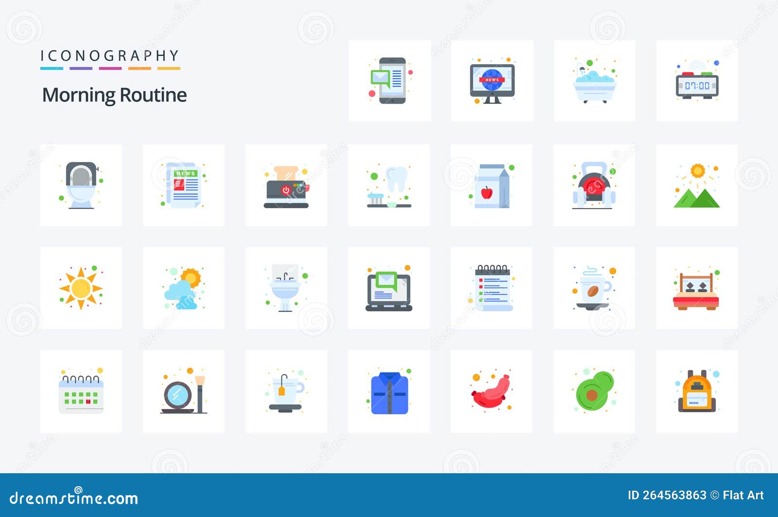 25 Morning Routine Flat Color Icon Pack Stock Vector - Illustration of ...