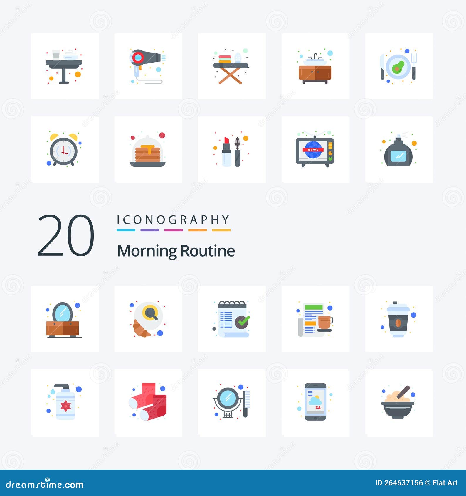 20 Morning Routine Flat Color Icon Pack Like Cup Newspaper Checklist ...