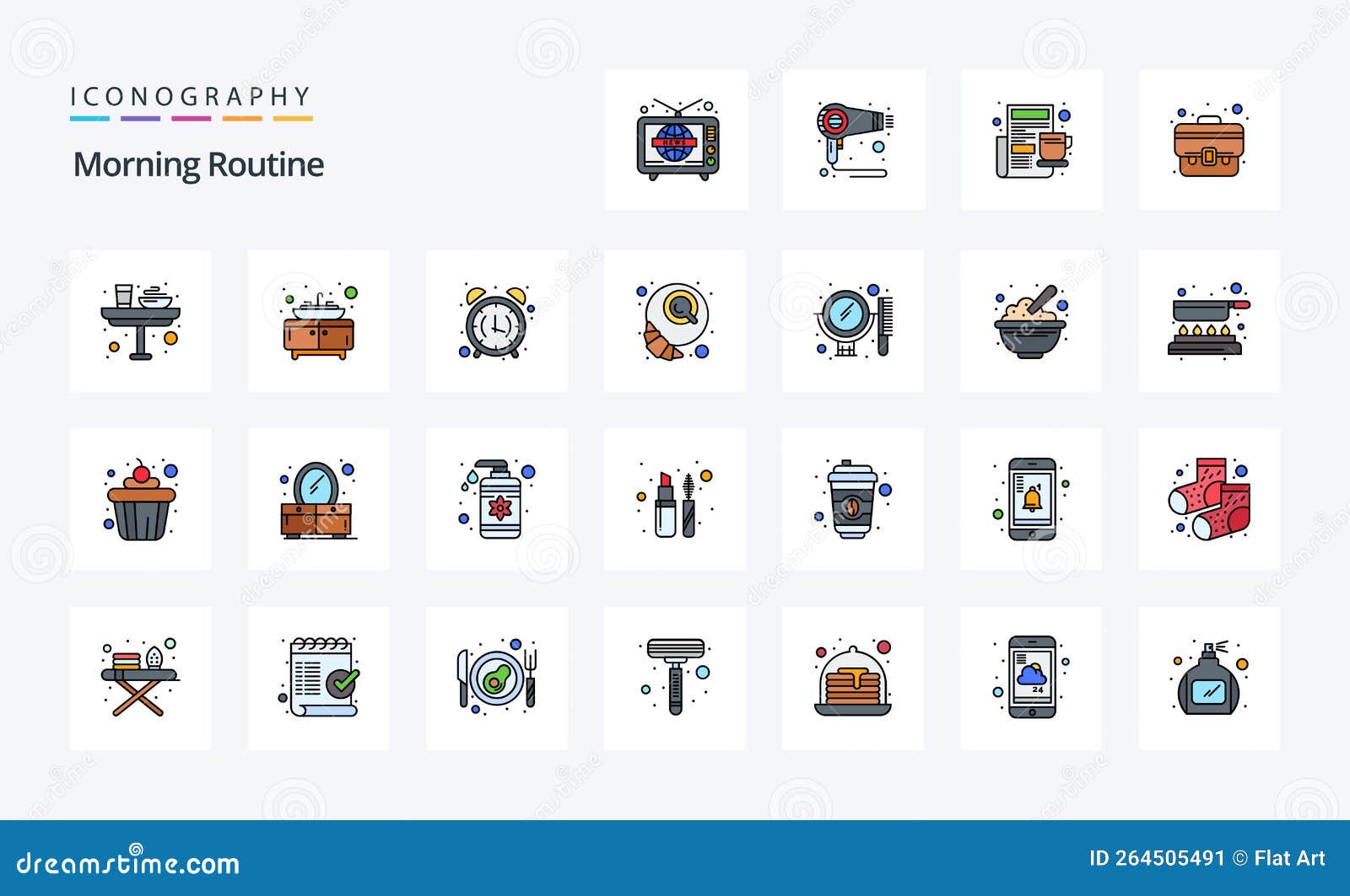 25 Morning Routine Line Filled Style Icon Pack. Vector Iconography ...
