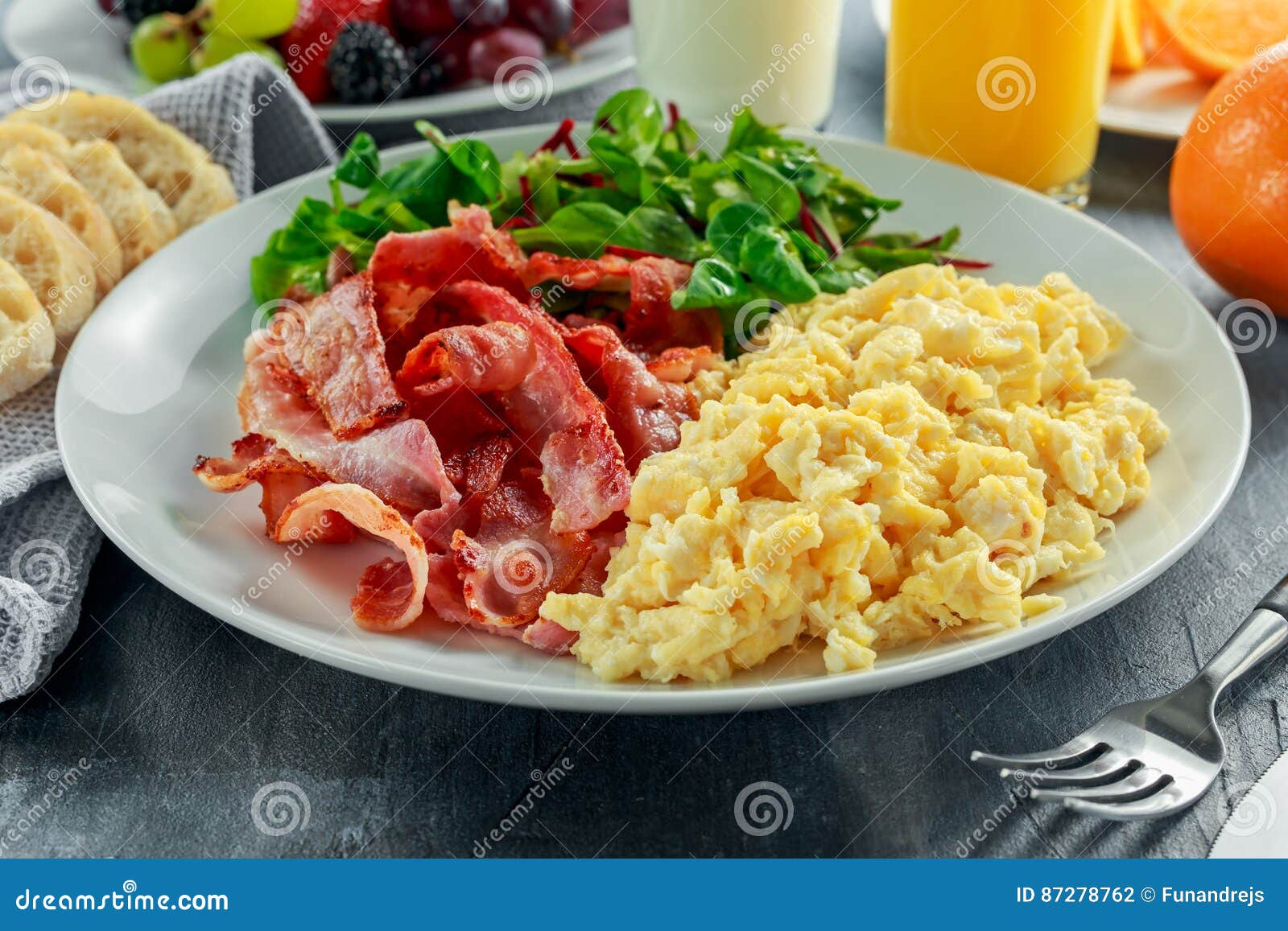 Morning Scrambled Egg, Bacon Breakfast with Orange Juice, Milk, Fruit ...