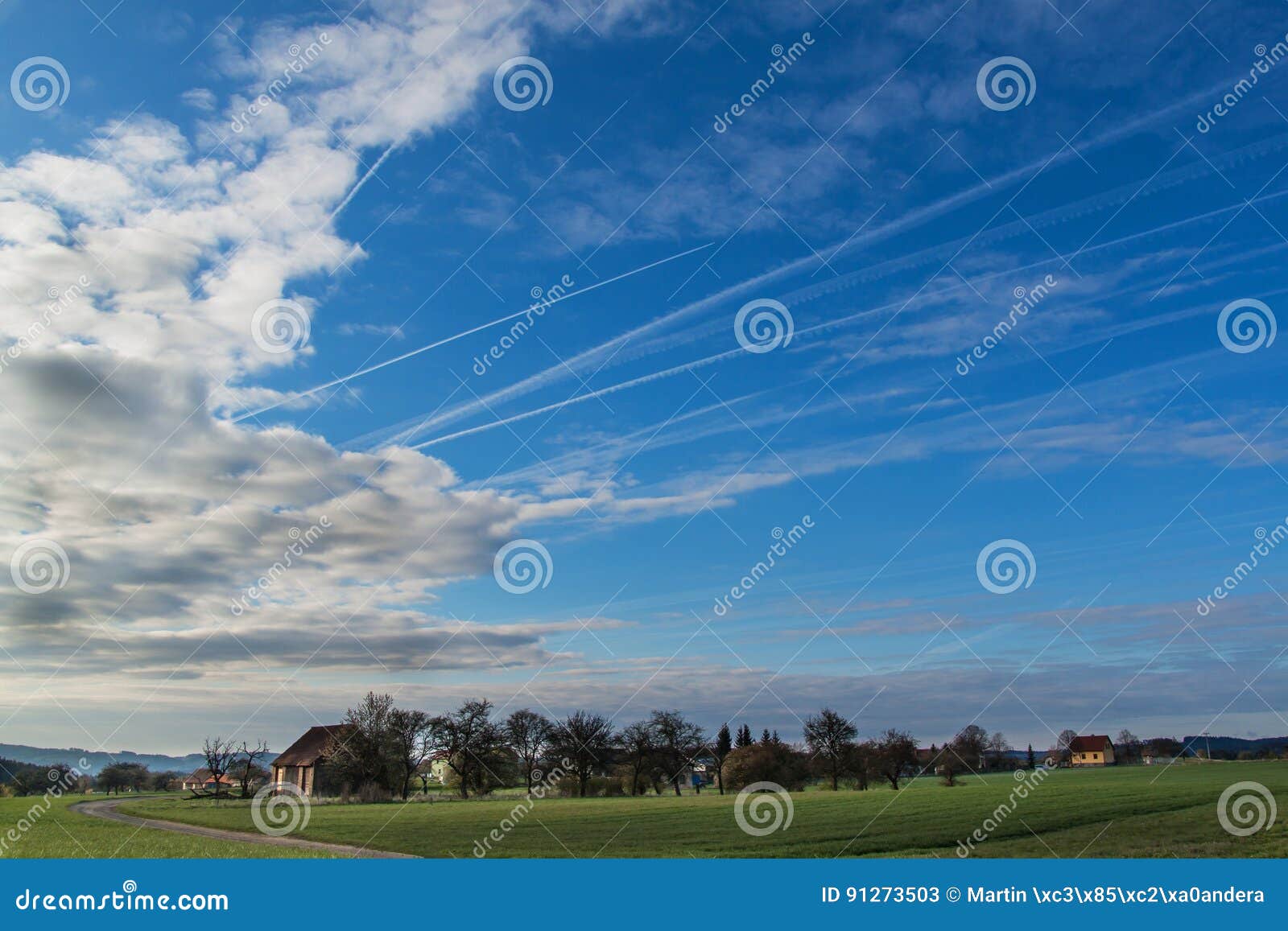 Morning Sky and Condensation Traces of Planes. Spring Sky. Stock Image ...